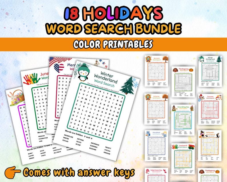 18 Holidays Word Search Bundle, Color Printables for Kids, Instant ...