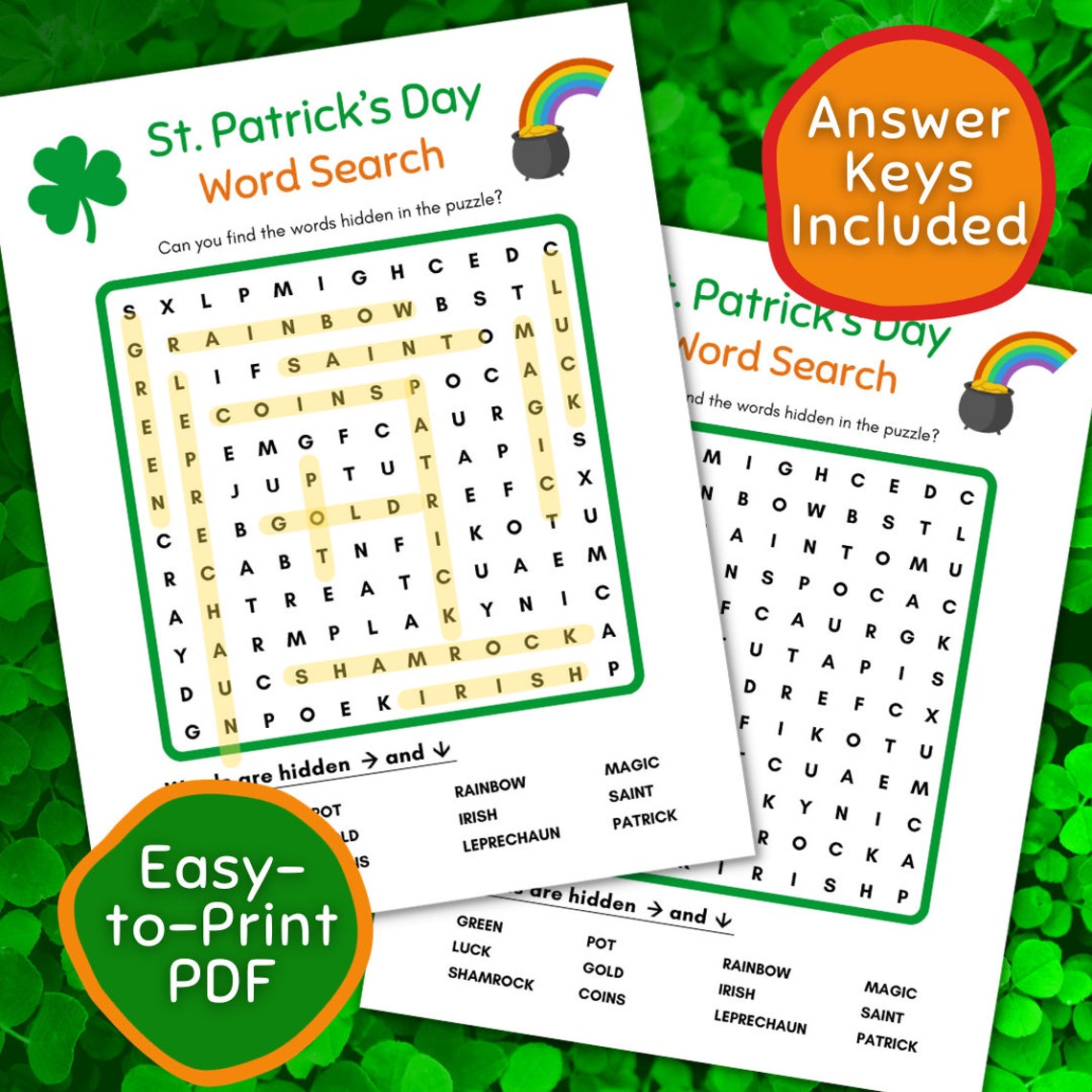 St. Patrick's Day Word Search Black and White AND Color, Printable Word ...