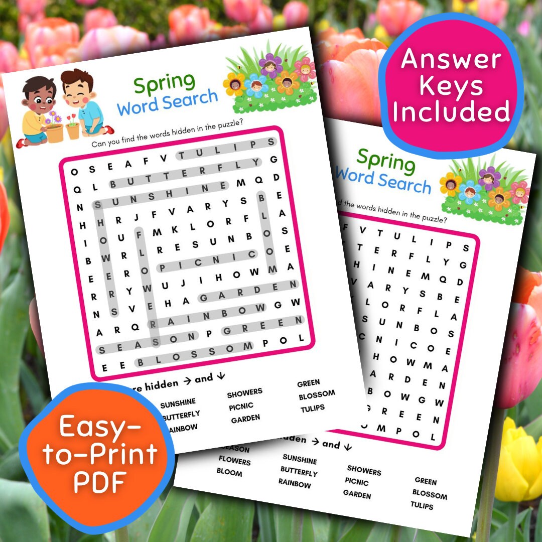Springtime Word Search Black and White AND Color, Printable Spring Word ...