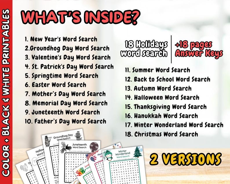 18 Holidays Word Search Bundle, Color Printables for Kids, Black and ...
