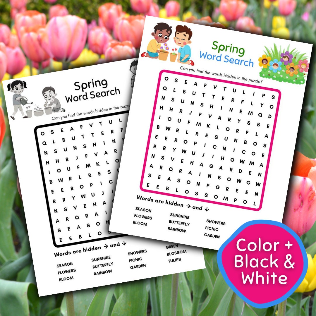 Springtime Word Search Black and White AND Color, Printable Spring Word ...