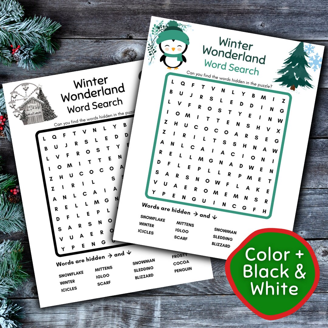 Winter Wonderland Word Search Black and White AND Color, Printable ...