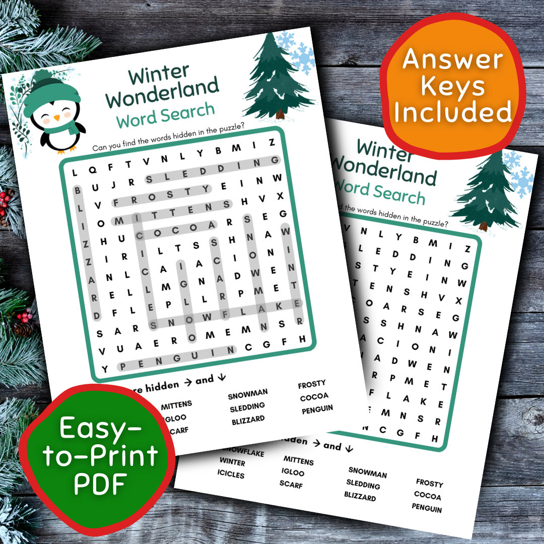 Winter Wonderland Word Search Black and White AND Color, Printable ...