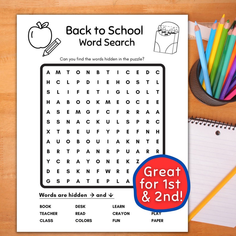 Back to School Word Search Black and White, Second Grade Back to School ...