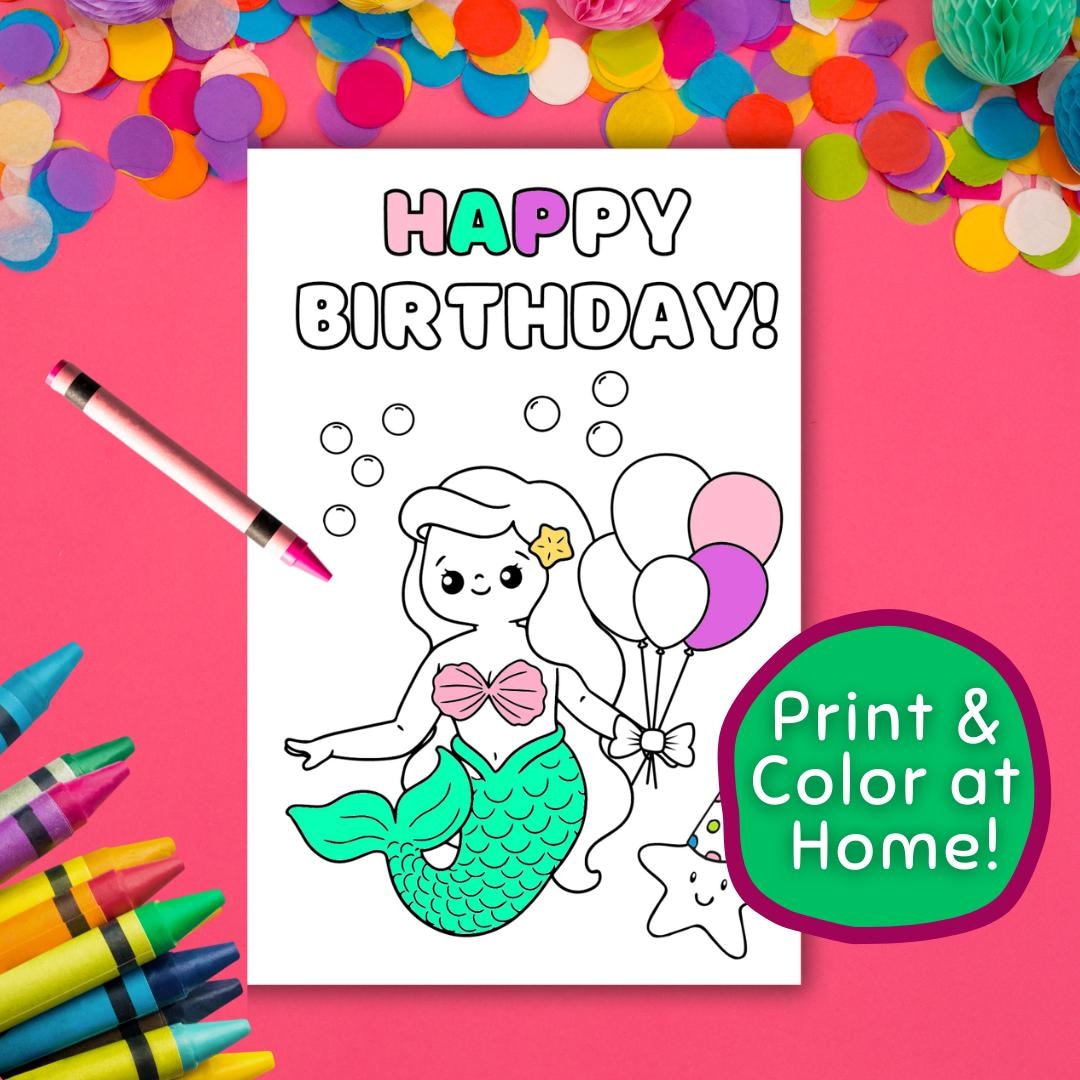 Mermaid Birthday Card, Happy Birthday Coloring Card Mermaid Design ...