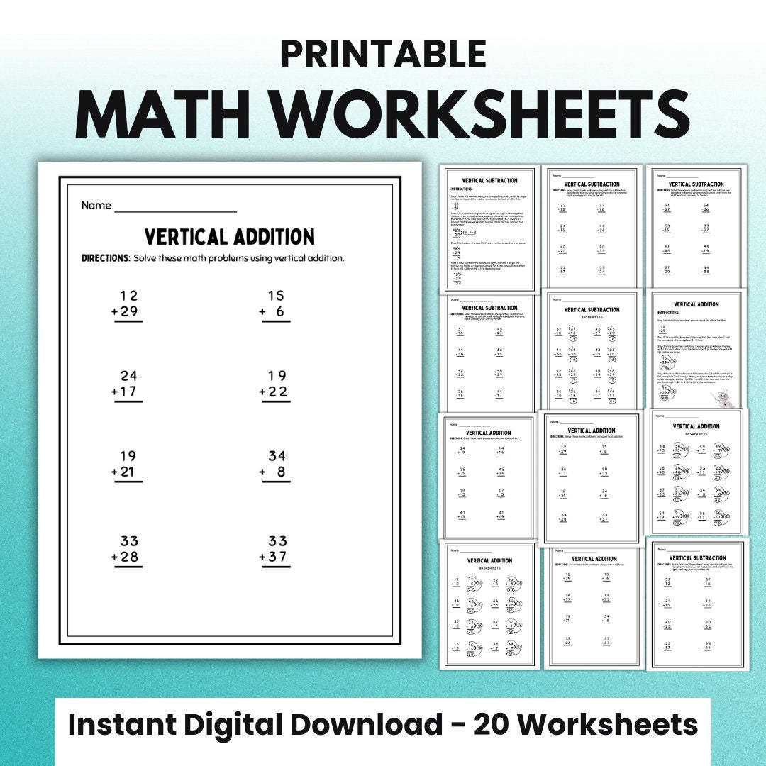 2nd Grade Math Worksheets, Vertical Addition and Subtraction - Etsy