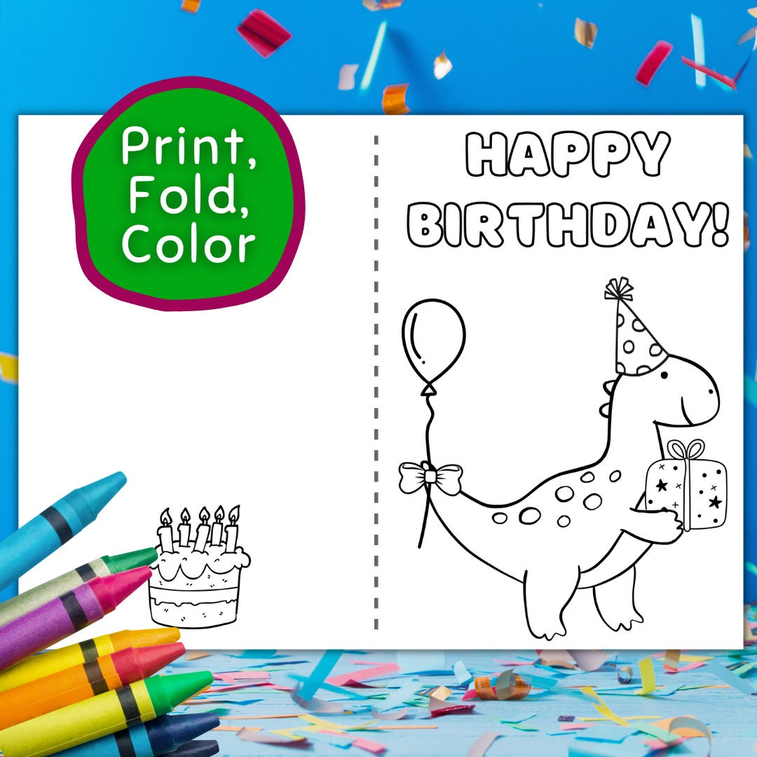 Printable Dinosaur Birthday Card, Happy Birthday Coloring Card Dino ...