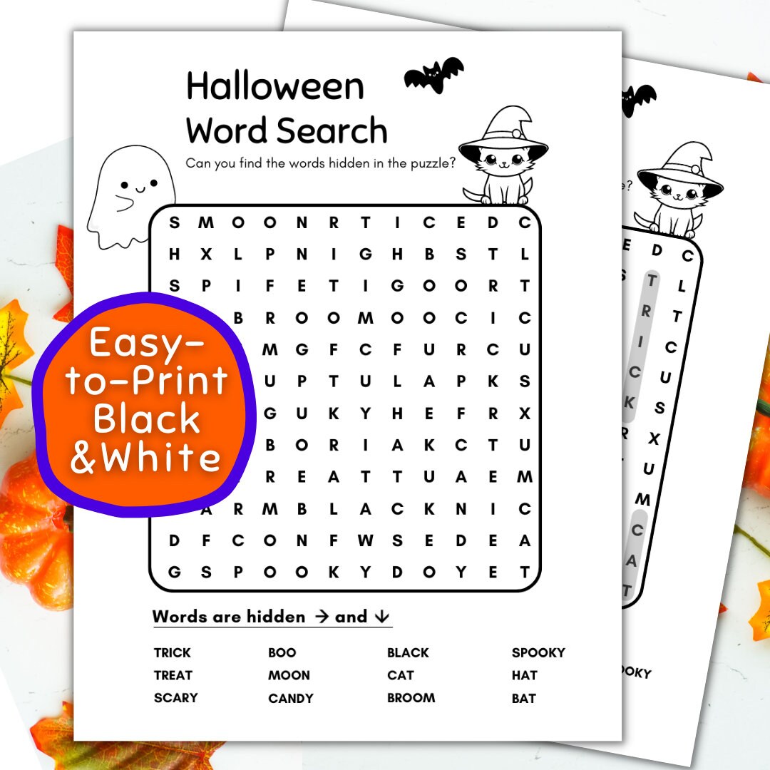 Halloween Word Search First Grade Black and White Printable PDF, Black ...