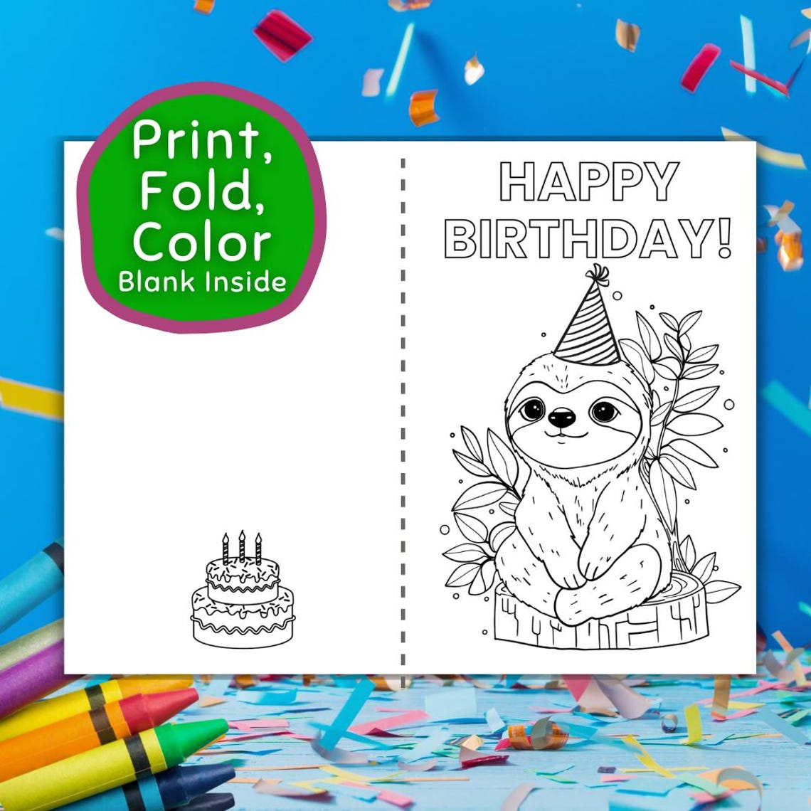 Sloth Birthday Card, Printable Happy Birthday Coloring Card, Color Your ...