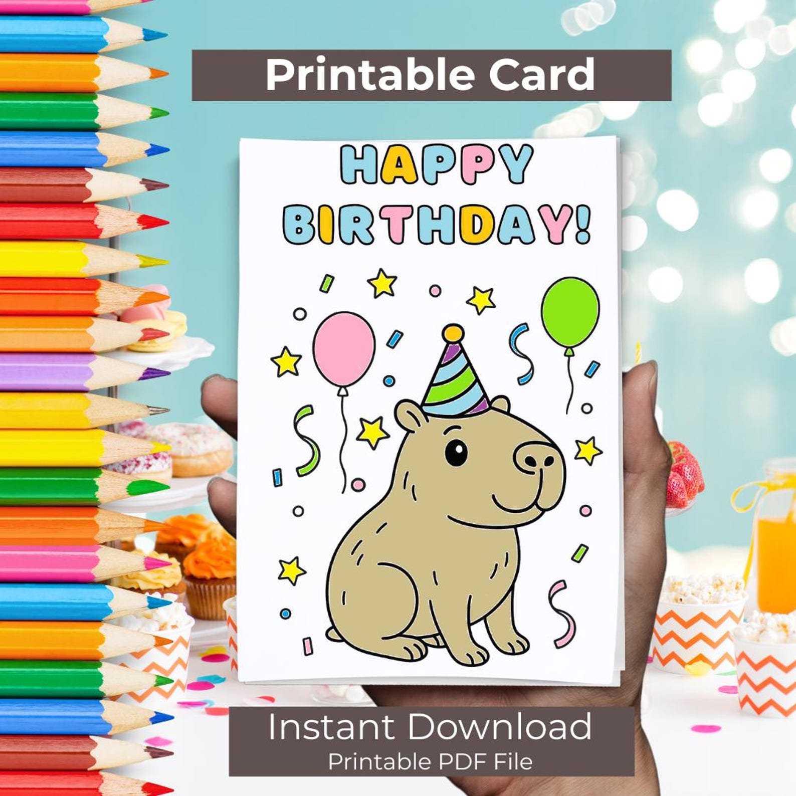 Capybara Birthday Coloring Card: Kids' Printable Activity (PDF Download ...