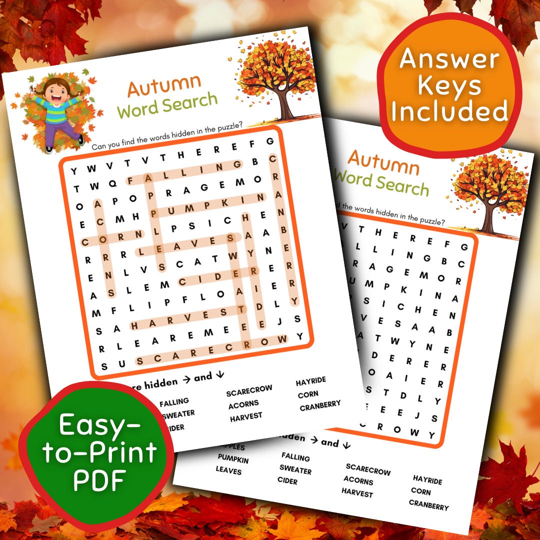 Autumn Word Search Black and White AND Color, Printable Autumn Word ...