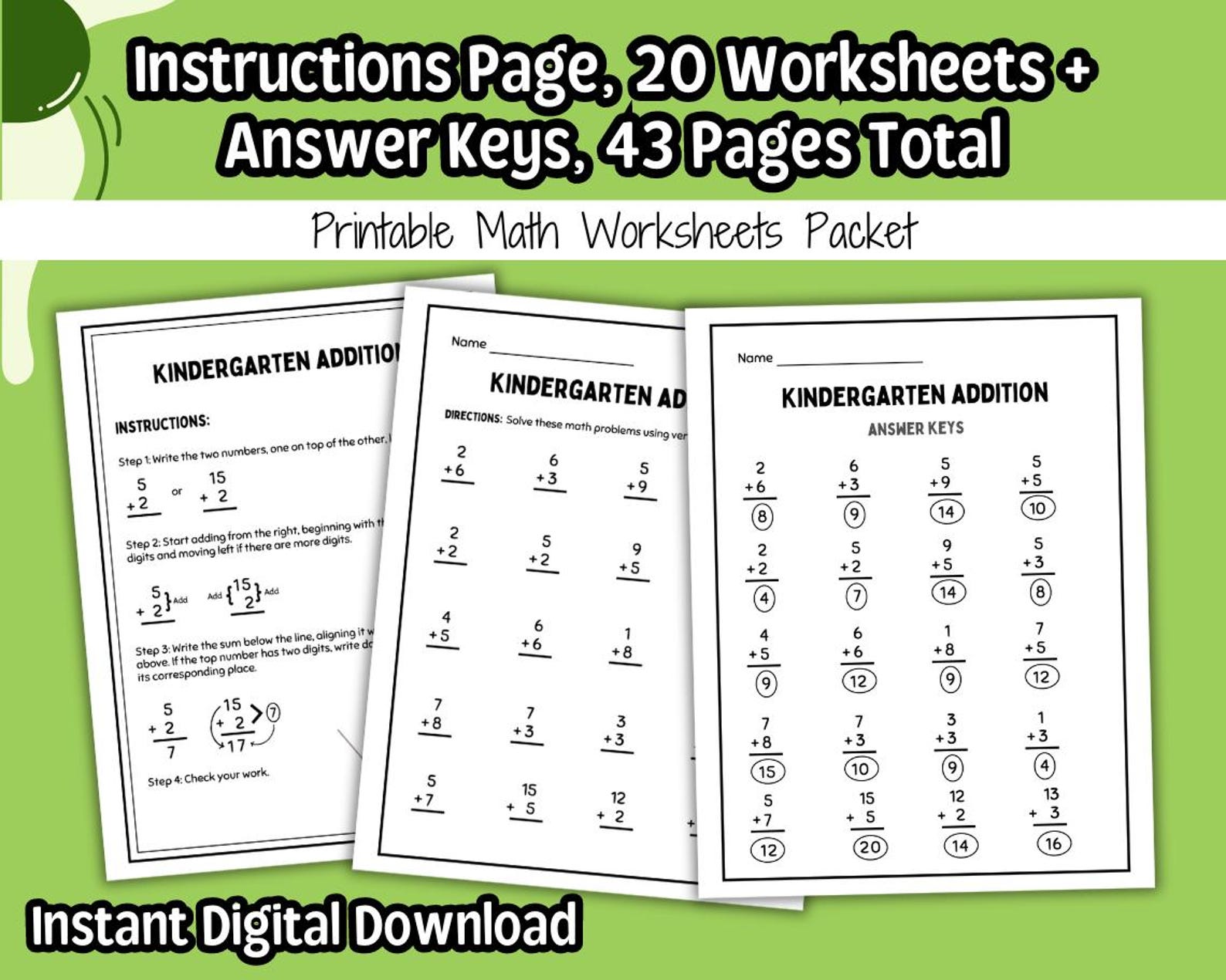 Kindergarten Addition Worksheets: Math Practice Packet (PDF) - Etsy