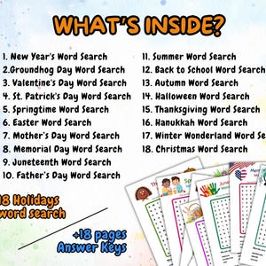 18 Holidays Word Search Bundle, Color Printables for Kids, Instant ...