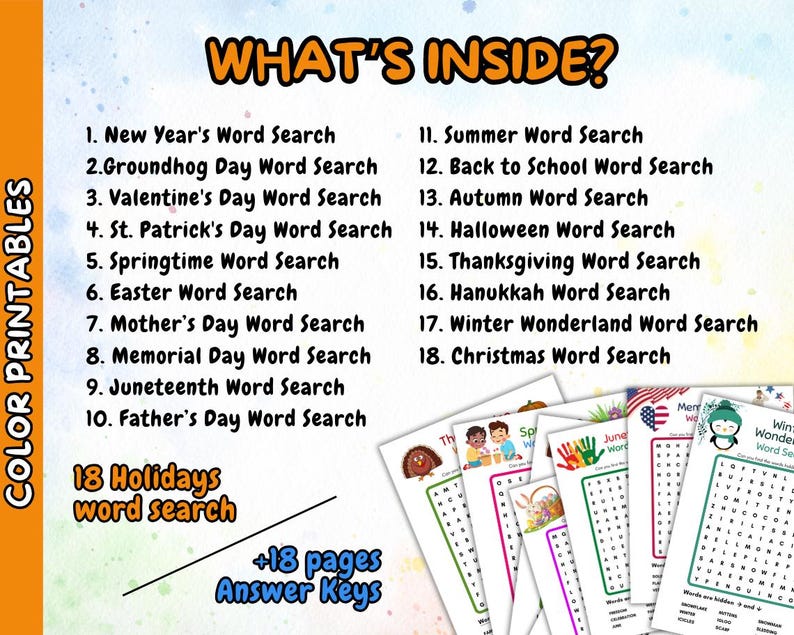 18 Holidays Word Search Bundle, Color Printables for Kids, Instant ...