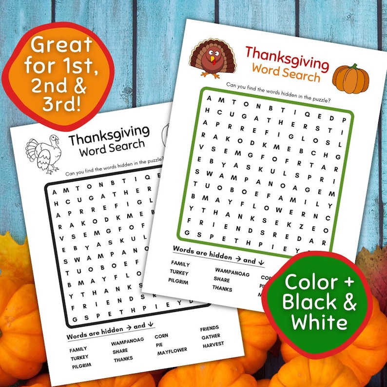 Thanksgiving Word Search, Printable Thanksgiving Word Search, Black and ...