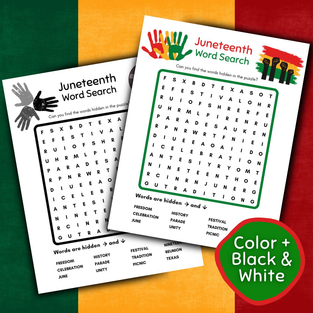Juneteenth Word Search for Kids: Black and White & Color (printable PDF ...