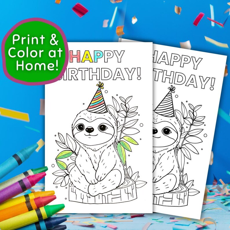 Sloth Birthday Card, Printable Happy Birthday Coloring Card, Color Your ...