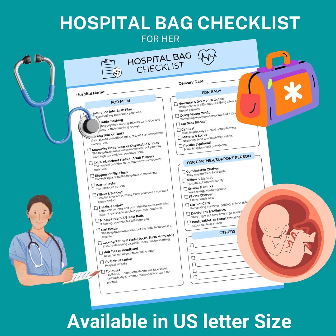 Printable Hospital Bag Checklist, Labour and Birth Support, New Mom ...
