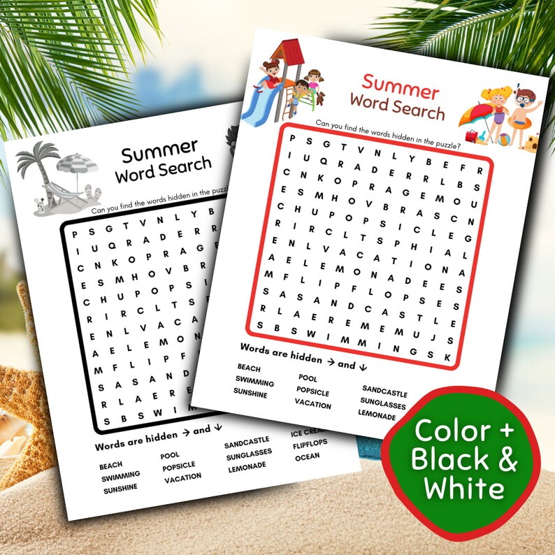 Summer Word Search Black and White AND Color, Printable Summer Word ...