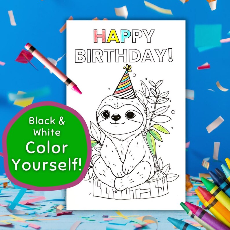 Sloth Birthday Card, Printable Happy Birthday Coloring Card, Color Your ...