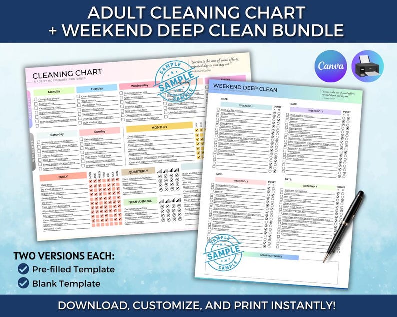 Editable Cleaning Chart Bundle | Weekend Deep Clean Checklist | Printable House Cleaning ...