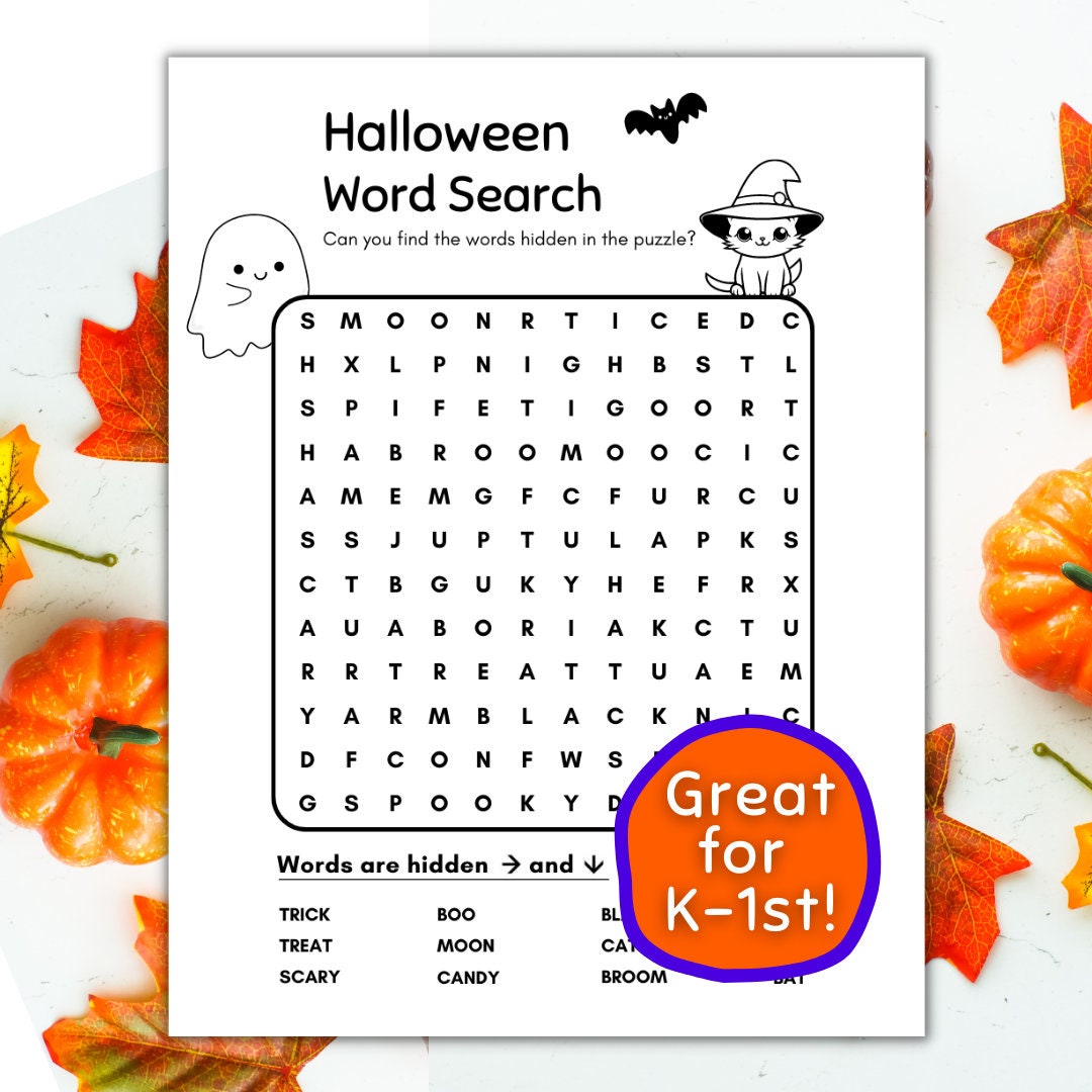 Halloween Word Search First Grade Black and White Printable PDF, Black ...