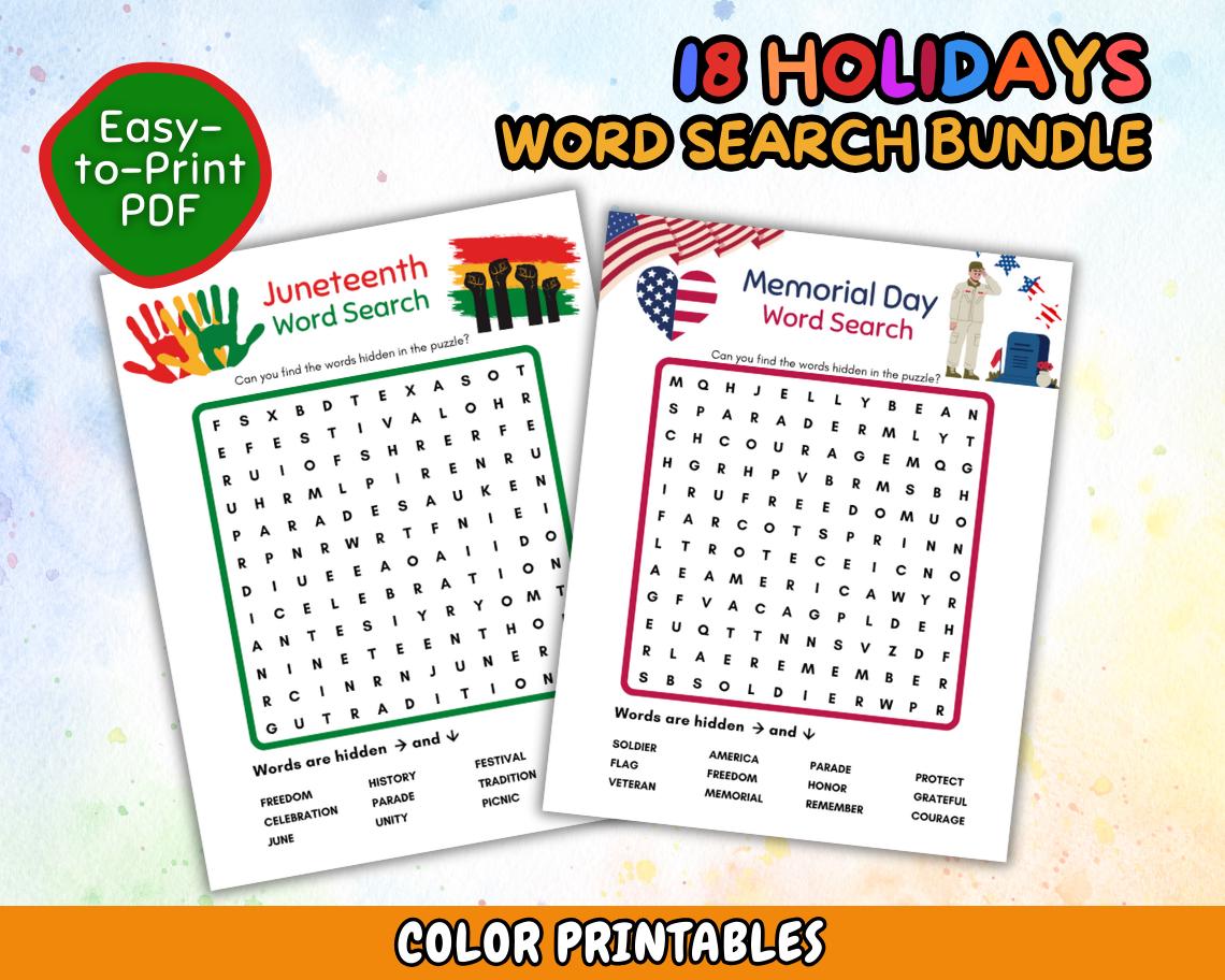 18 Holidays Word Search Bundle, Color Printables for Kids, Instant ...