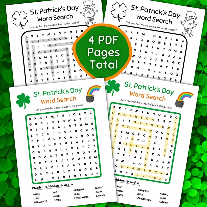 St. Patrick's Day Word Search Black and White AND Color, Printable Word ...