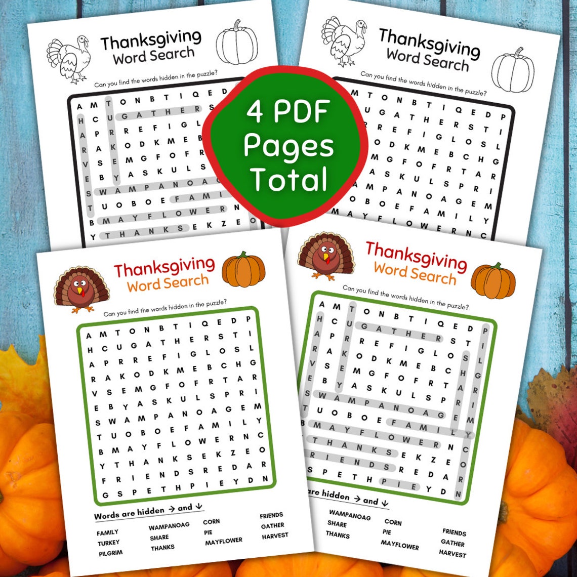 Thanksgiving Word Search, Printable Thanksgiving Word Search, Black and ...