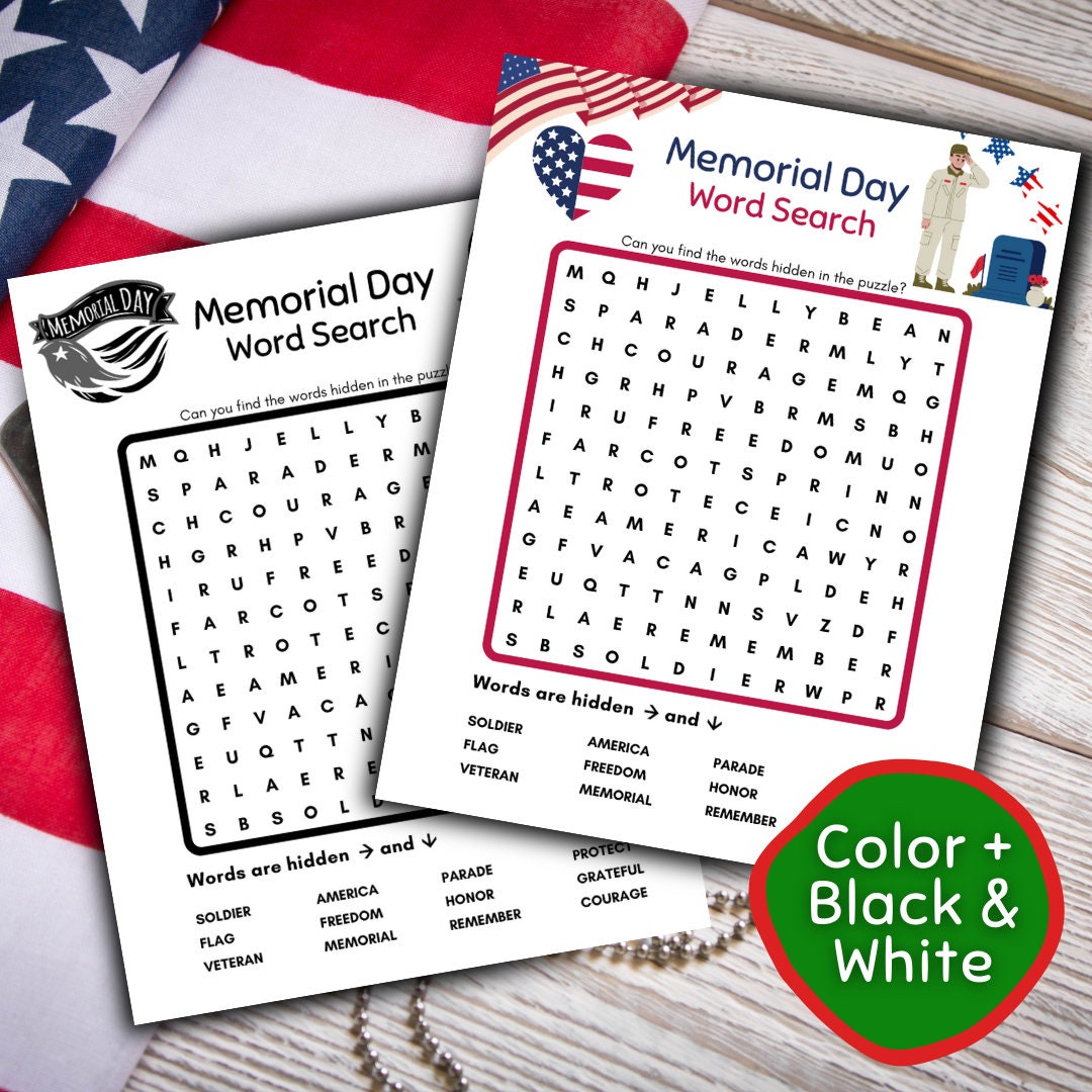 Memorial Day Word Search Black and White AND Color, Printable Memorial ...
