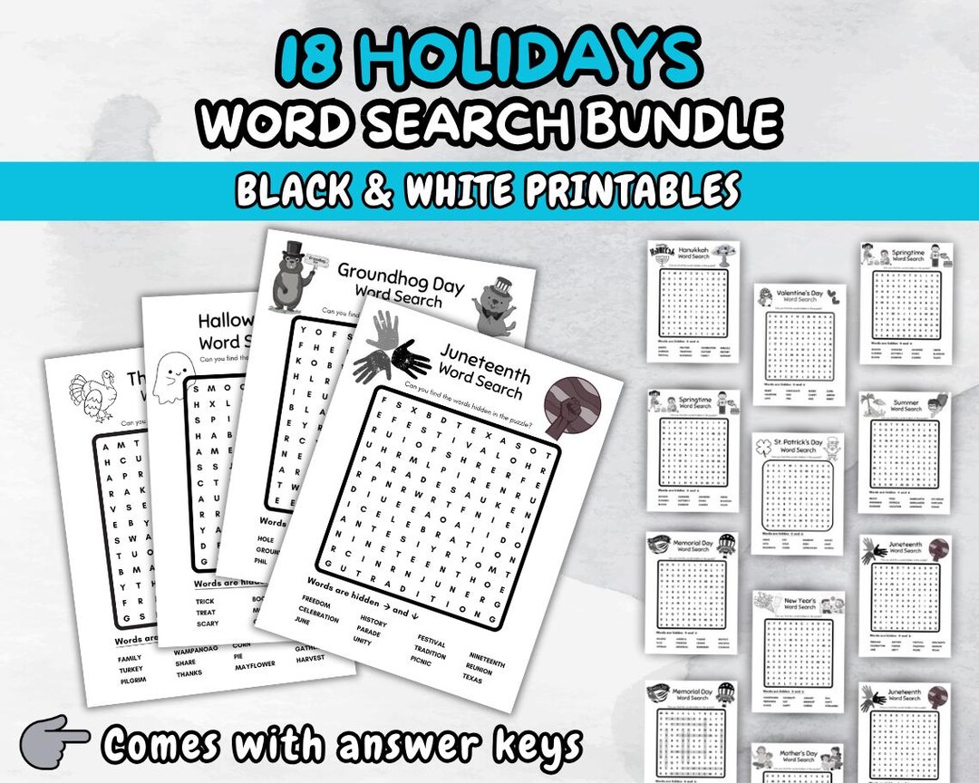 18 Holidays Word Search Bundle, Black & White Printables for Kids ...