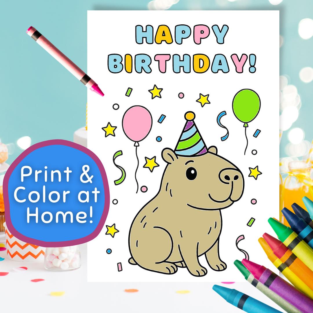 Capybara Birthday Coloring Card: Kids' Printable Activity (PDF Download ...