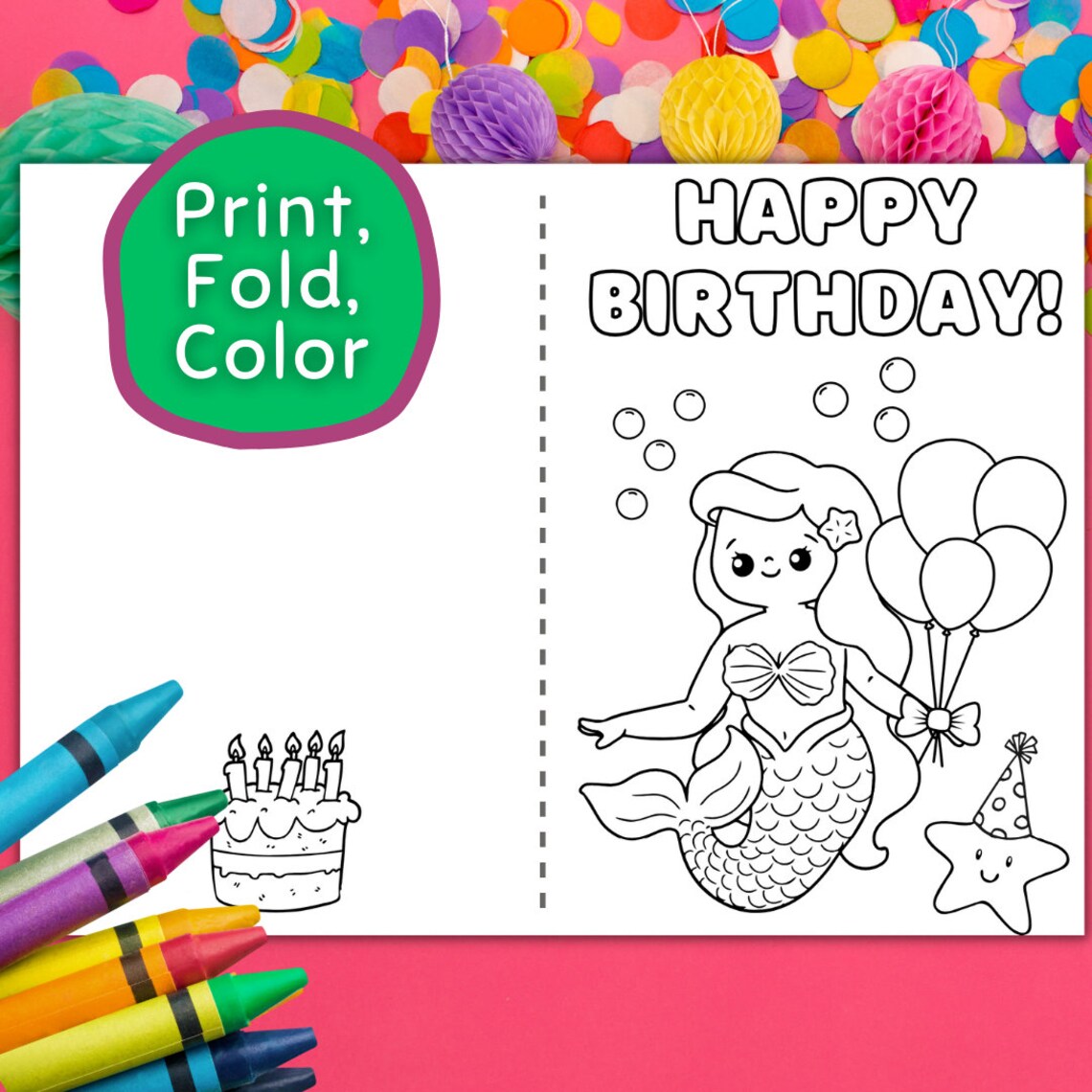 Printable Mermaid Birthday Card, Happy Birthday Coloring Card Mermaid ...