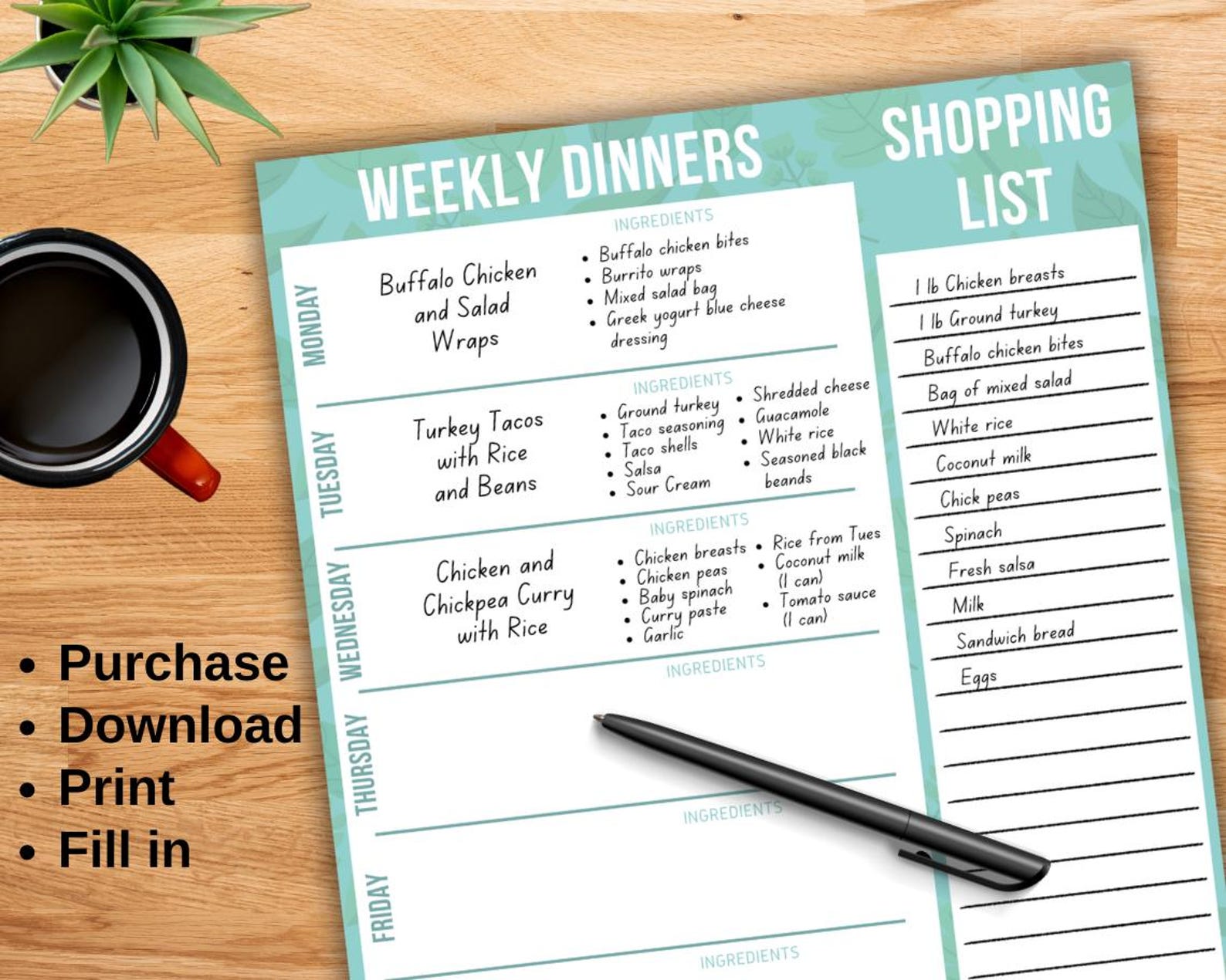 Meal Planner Printable PDF, Weekly Menu to Print at Home Print at Home ...