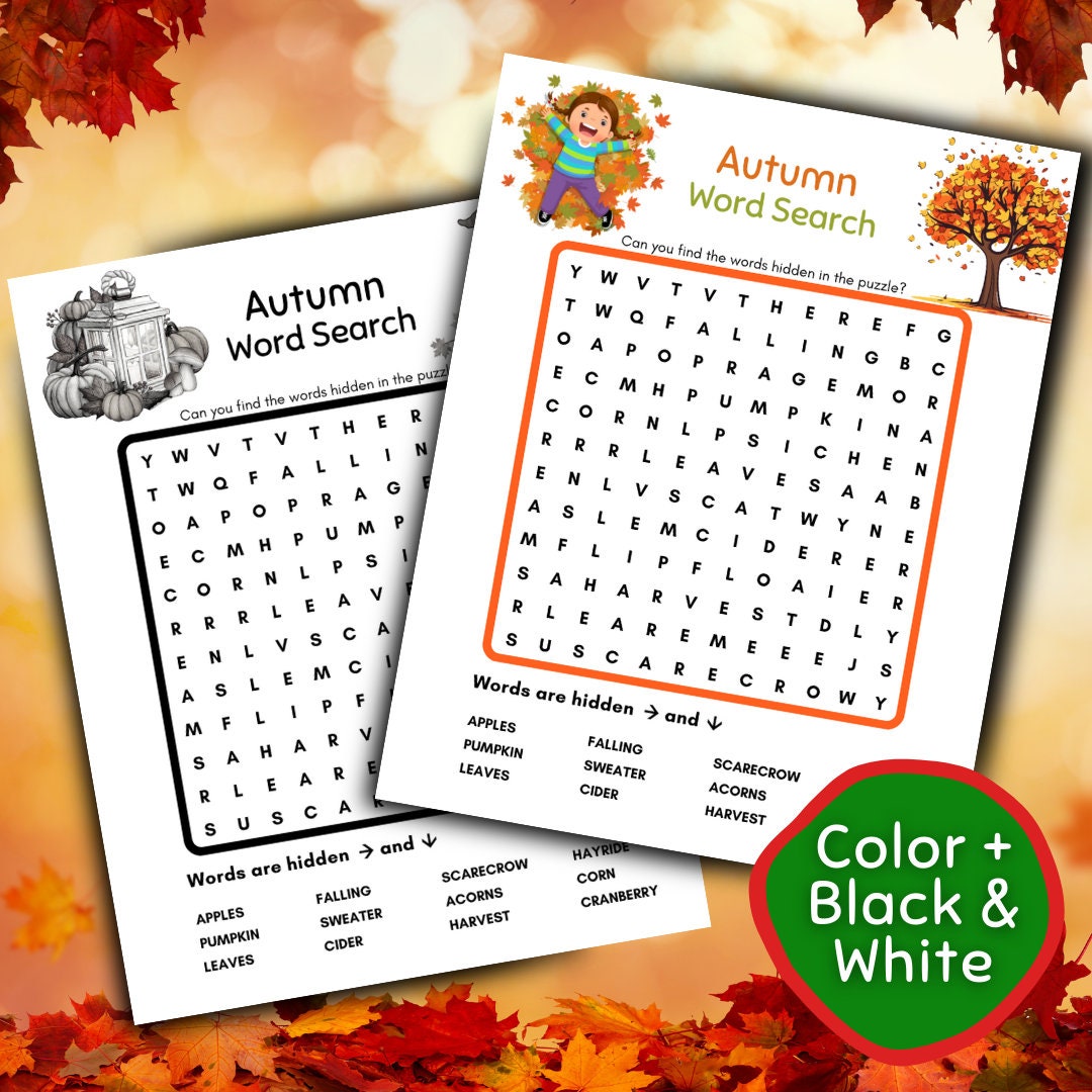 Autumn Word Search Black and White AND Color, Printable Autumn Word ...