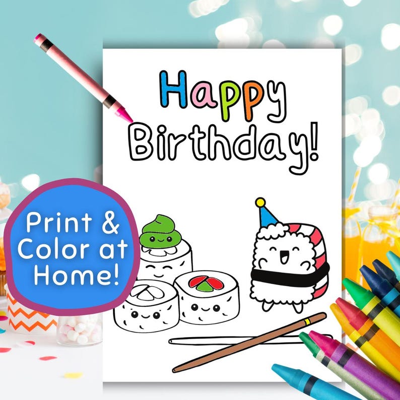 Sushi Birthday Card, Printable Happy Birthday Coloring Card, Printable ...