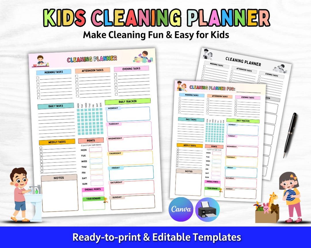 Kids Cleaning Planner Printable & Editable | Kids Chore Chart | Daily ...