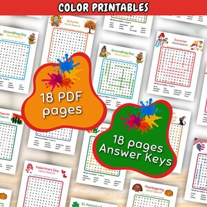 18 Holidays Word Search Bundle, Color Printables for Kids, Black and ...