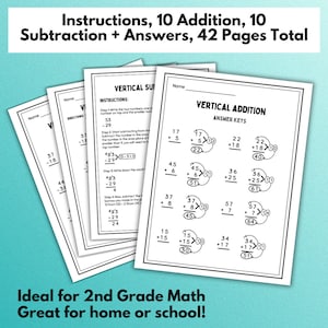 2nd Grade Math Worksheets, Vertical Addition and Subtraction - Etsy