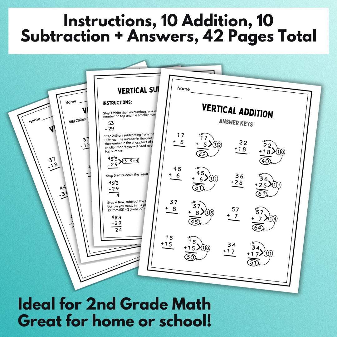 2nd Grade Math Worksheets, Vertical Addition and Subtraction - Etsy