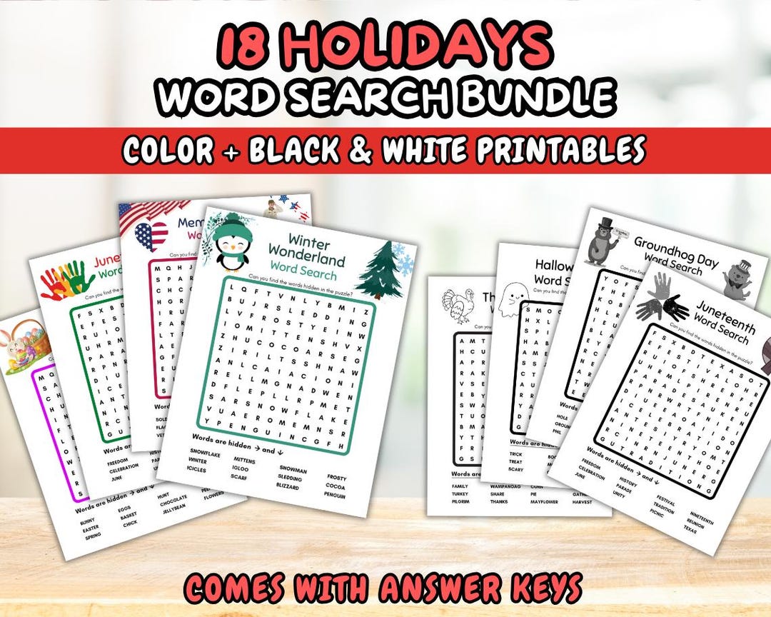 18 Holidays Word Search Bundle, Color Printables for Kids, Black and ...