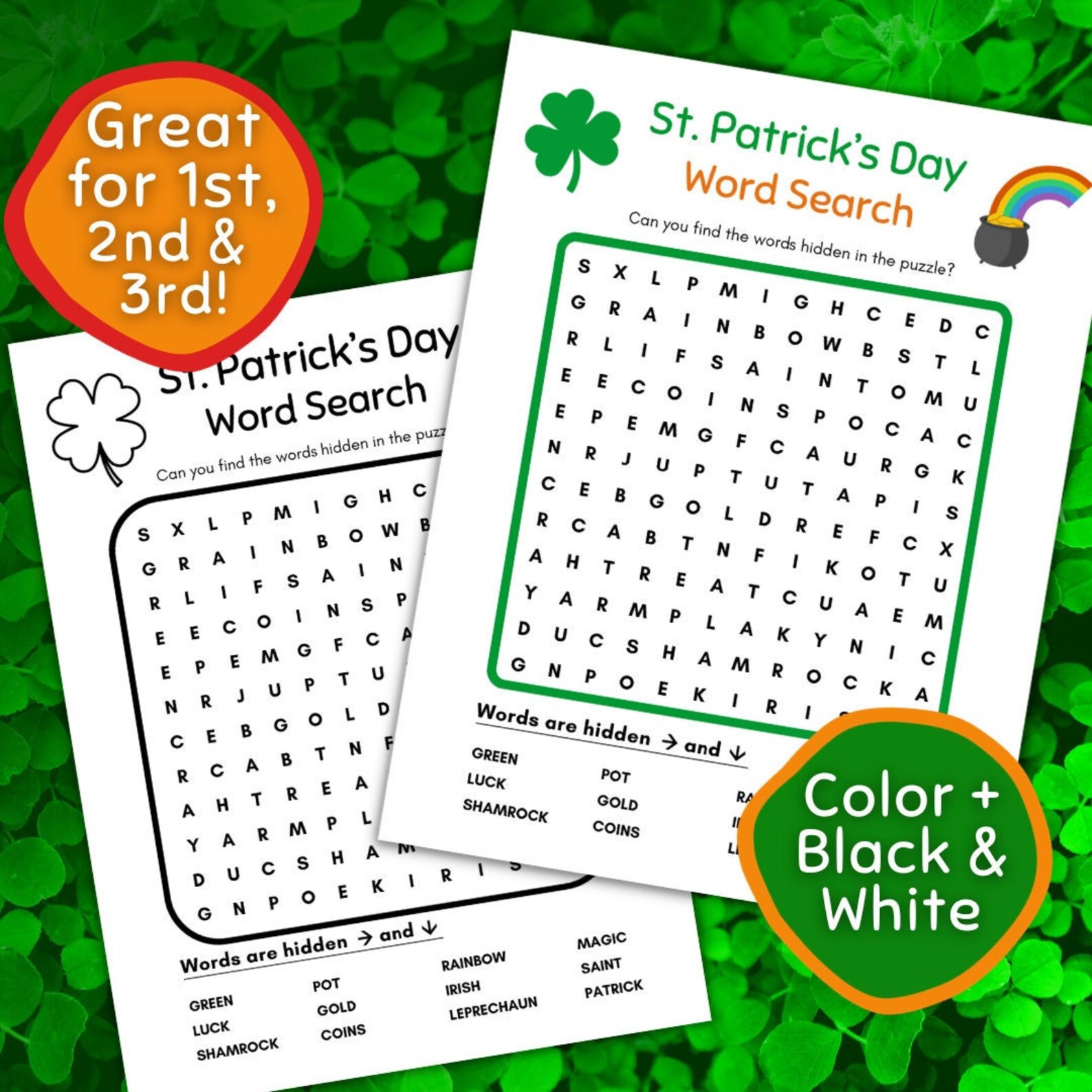 St. Patrick's Day Word Search Black and White AND Color, Printable Word ...
