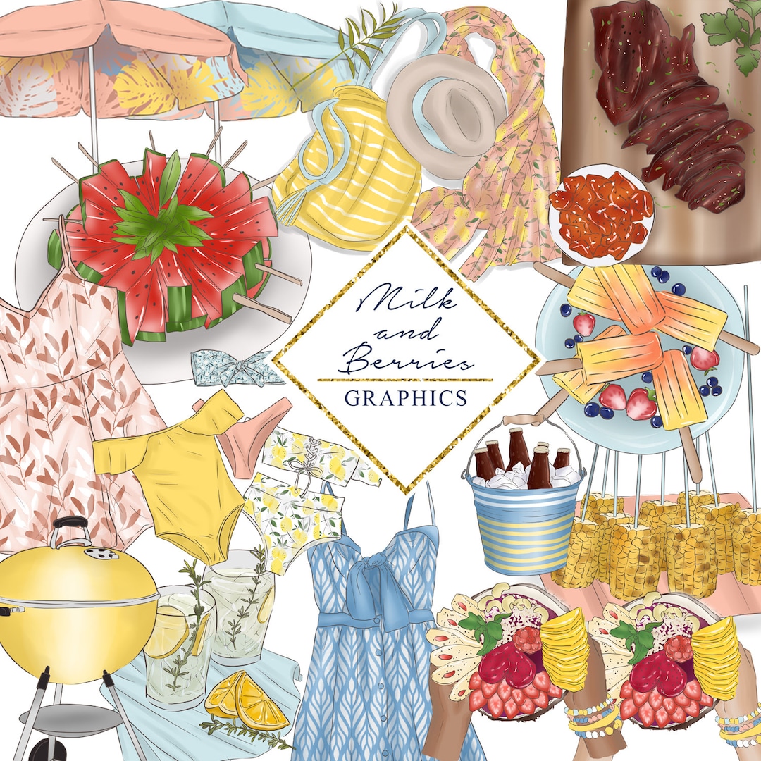 Summer BBQ Clipart: Hand-painted Barbecue Graphics (PNG Digital ...