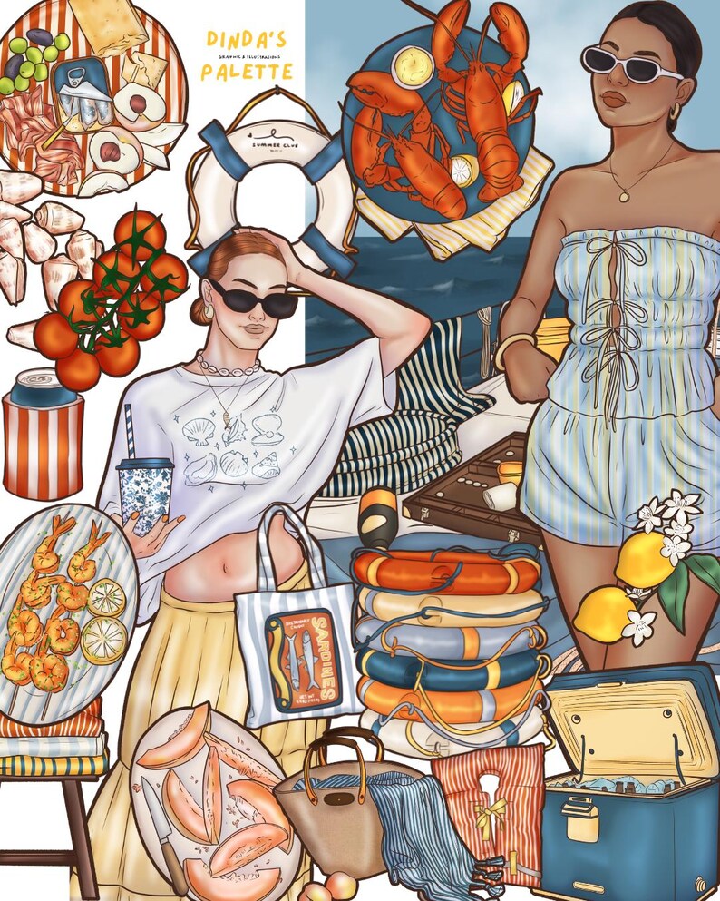 Coastal Summer Clipart PNG | Nautical Seafood Wine Fashion ...