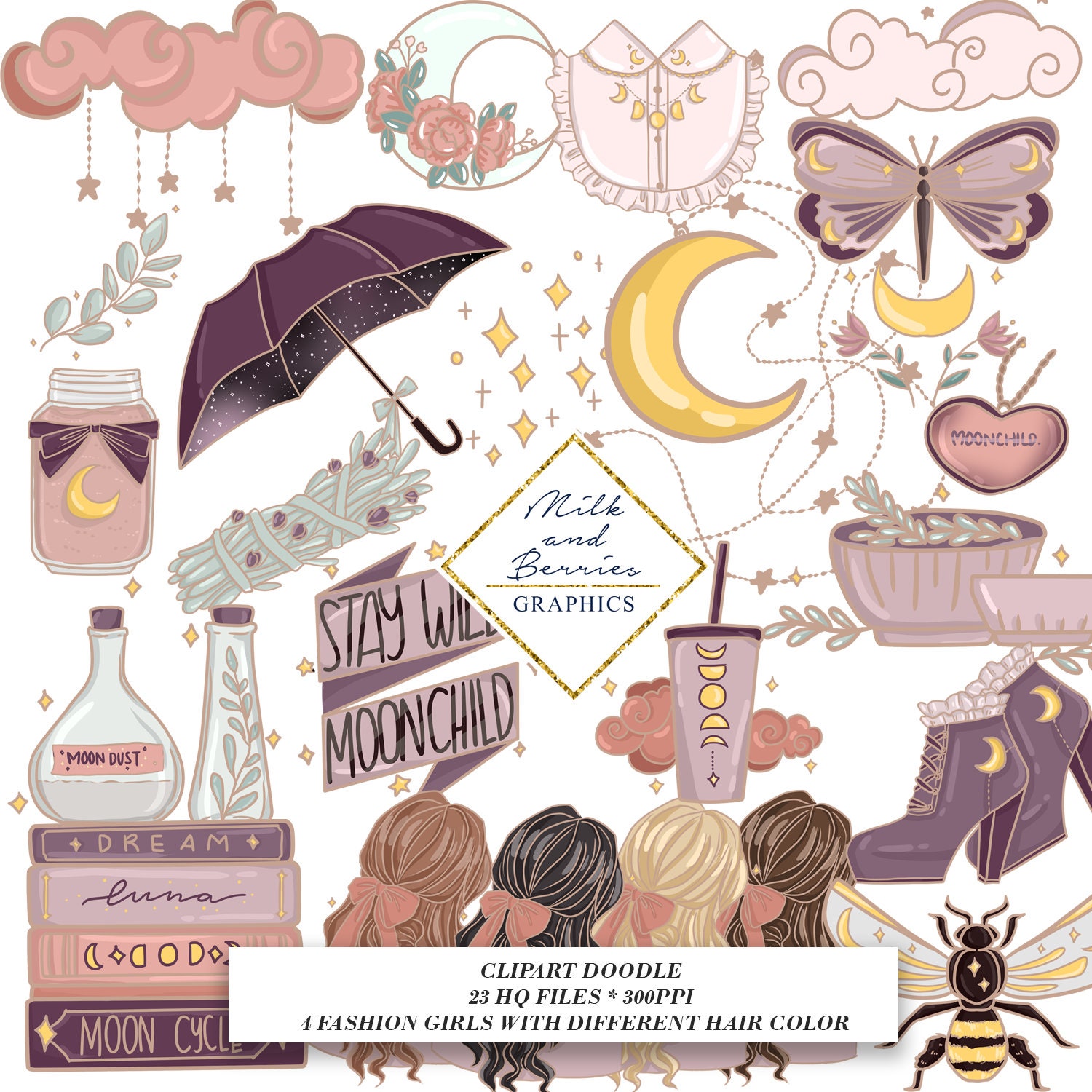 Moonchild: Doodle Clipart Graphic Clipart Scrapbook - Etsy