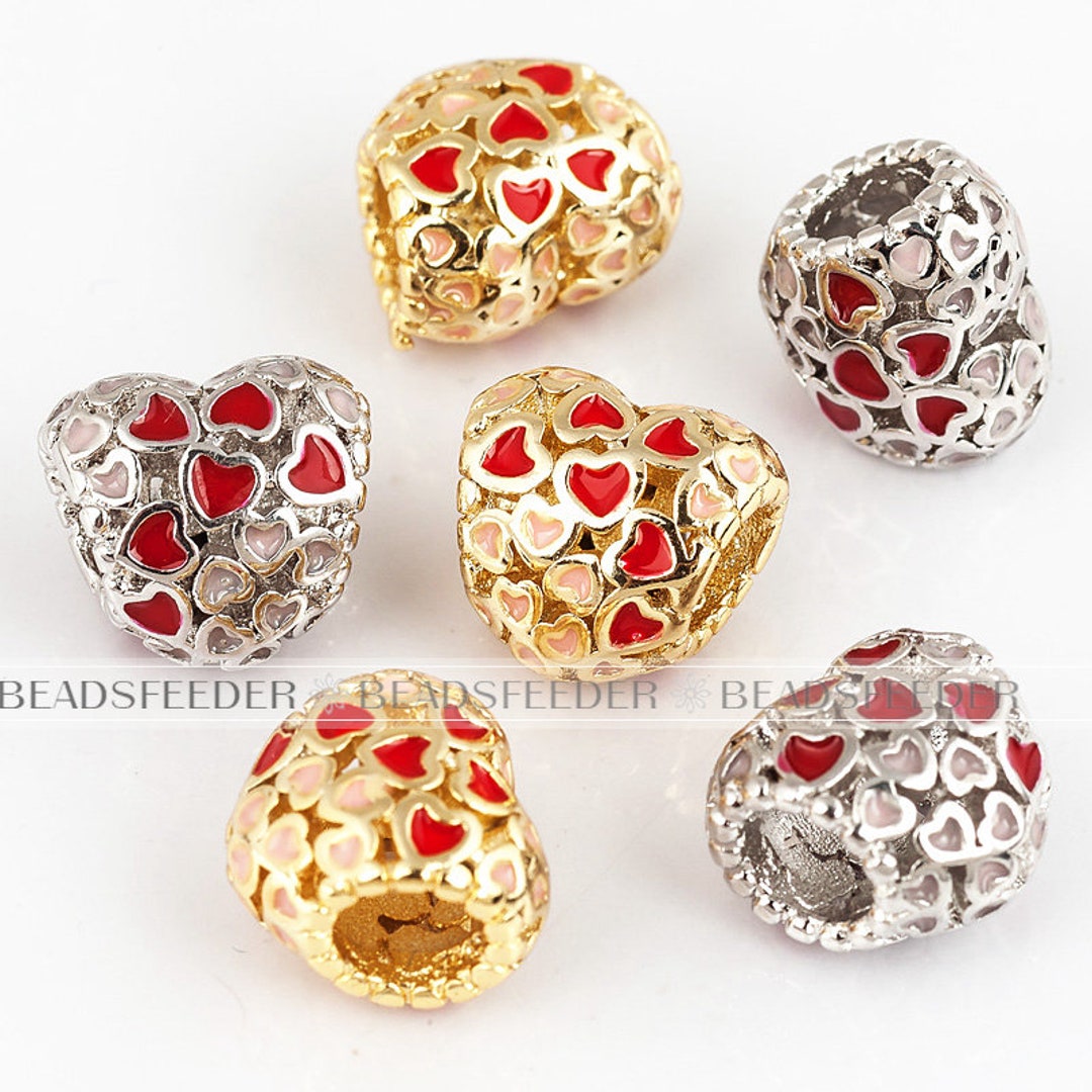 Red/pink Heart Bead, Enamled,spacer Beads Charms/ Micro Pave Bead/cubic ...