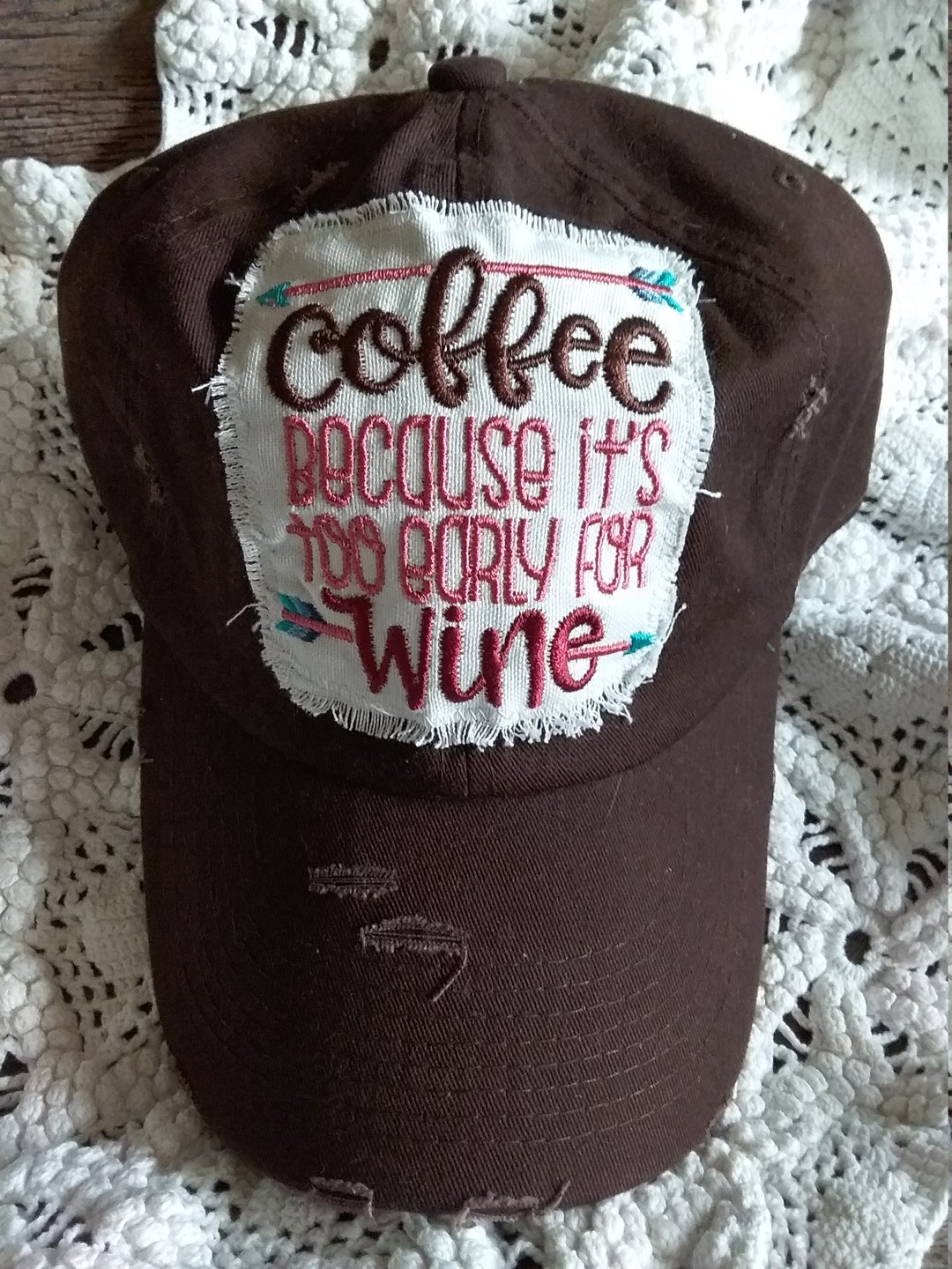 Raggy Patch Wine Lover Hat, Wine /coffee Hat, Embroidered Distressed Wine Hat, Fun Cap, Holiday ...