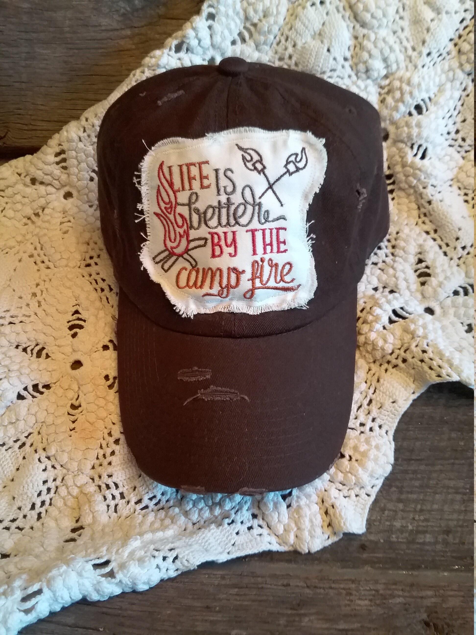 Camping Hair Don't Care Distressed Ball Cap, Embroidered Camp Hair Don ...