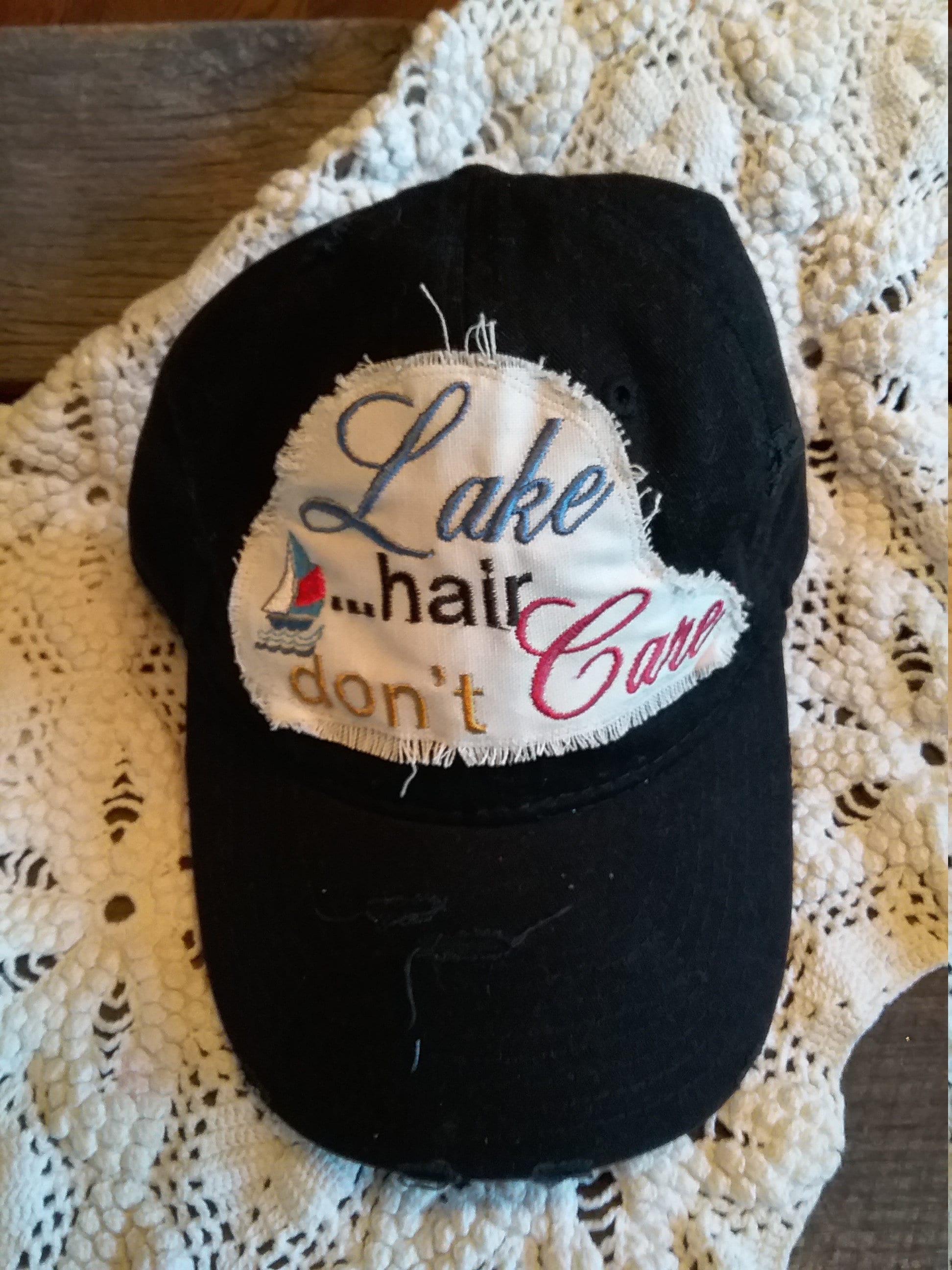 Camping Hair Don't Care Distressed Ball Cap, Embroidered Camp Hair Don ...