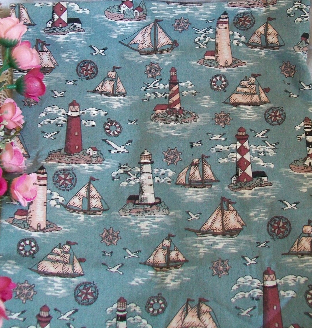 Vintage 1950s Nautical Cotton Fabric. Lovely Denim Blue Excellent ...